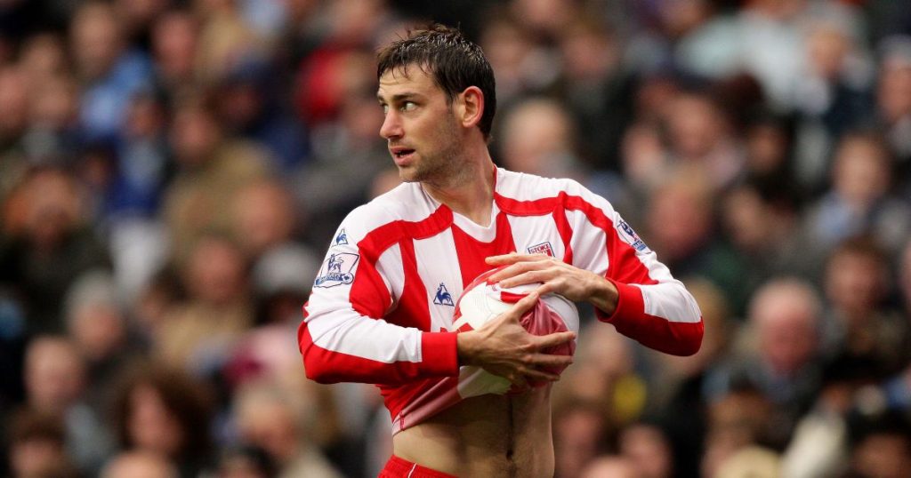 Rory Delap during a Premier League game between Stoke City and Arsenal ...