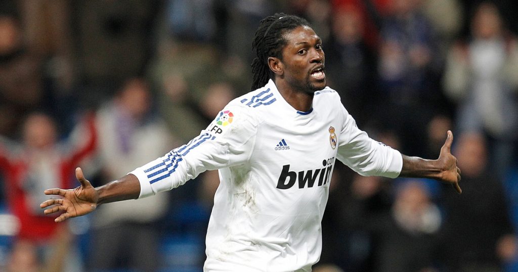 Emmanuel Adebayor celebrates after scoring for Real Madrid. Santiago ...