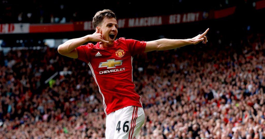 Josh Harrop celebrates after scoring for anchester United in the ...