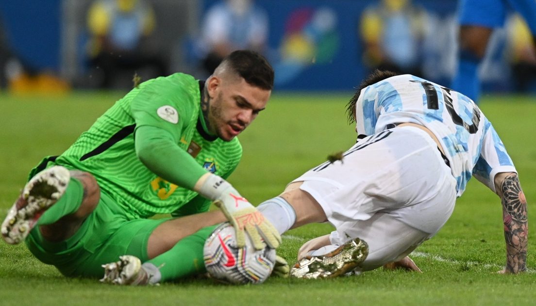 Watch: Lionel Messi falls over when through on goal against Brazil ...