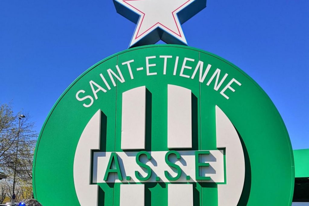 The Saint-Etienne badge outside the Stade Geoffry-Guichard. Saint ...