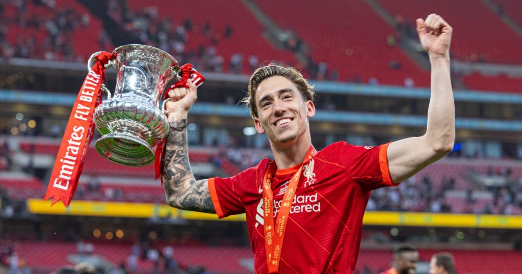 Kostas Tsimikas celebrates after Liverpool's FA Cup final win, Wembley ...