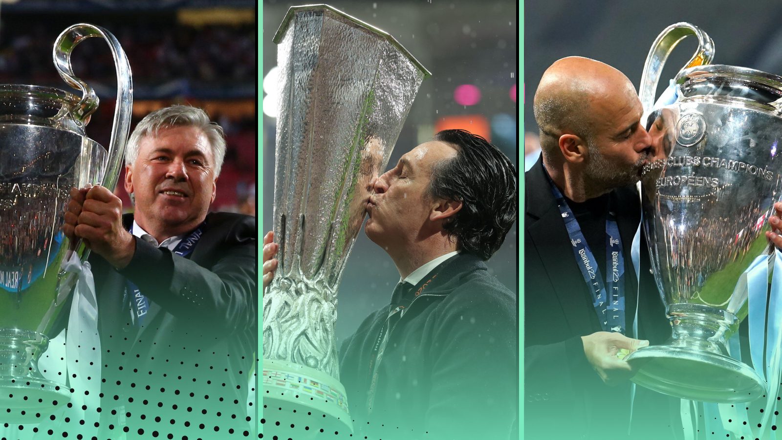The 13 managers with 3+ European trophies: Emery, Guardiola, Ancelotti...
